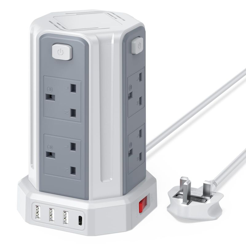 Tower Extension Lead with USB Slots 2M, (13A 3250W) 4 USB Ports and 8 ...