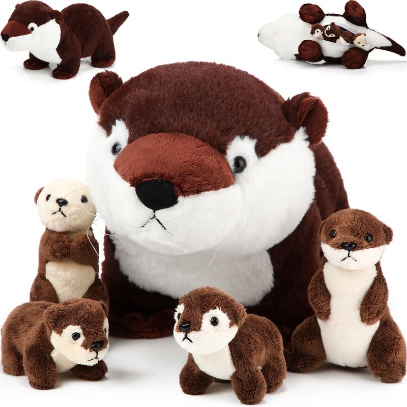 Poen 5 Pcs River Otter Stuffed Animals Set 22 Inch Mommy Otter Plush with 4 Cute Babies in Belly ...