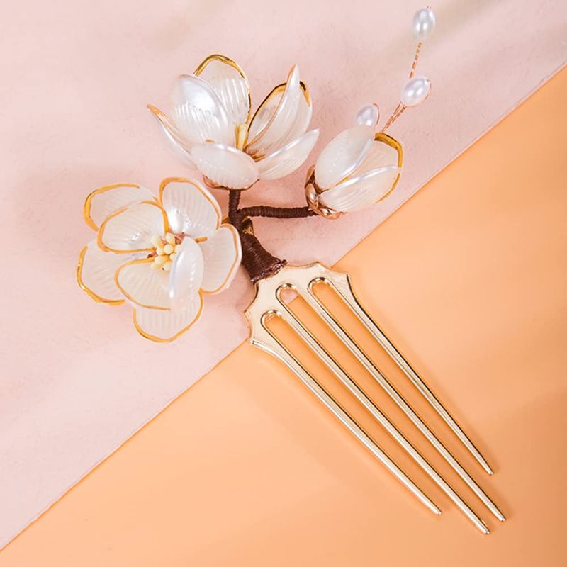 Lotus Flower with Pearl Hairpin Chinese Hanfu Style Hair Fork Retro ...