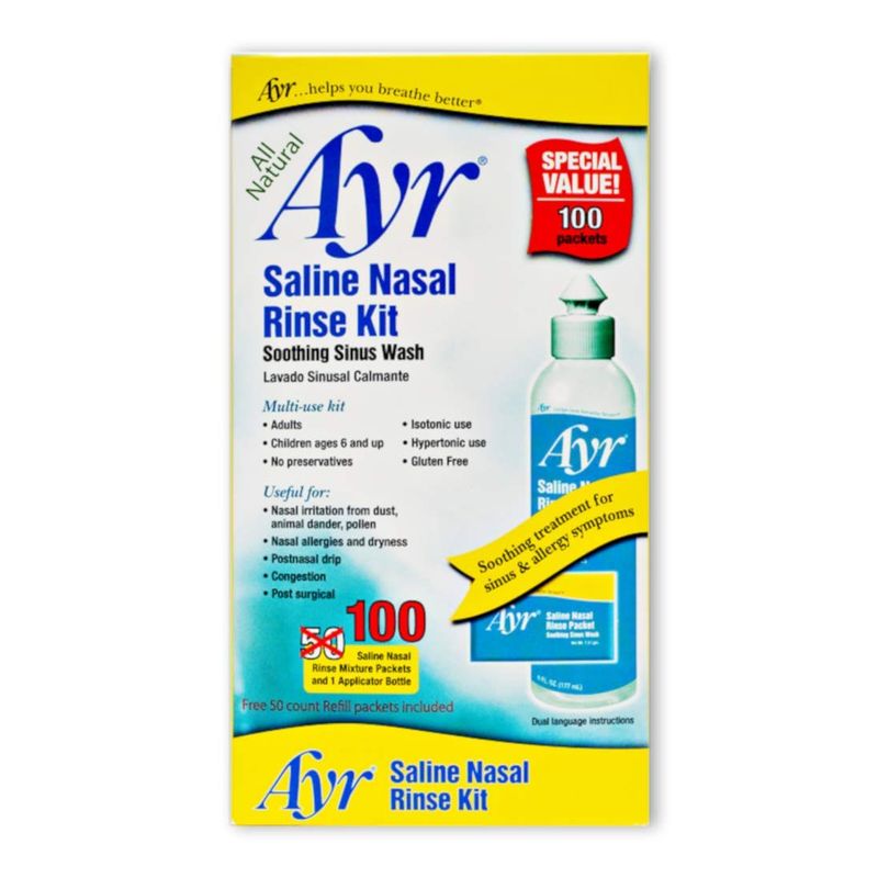 Ayr Saline Nasal Rinse Kit Soothing Sinus Wash, 100-Count Saline Nasal ...