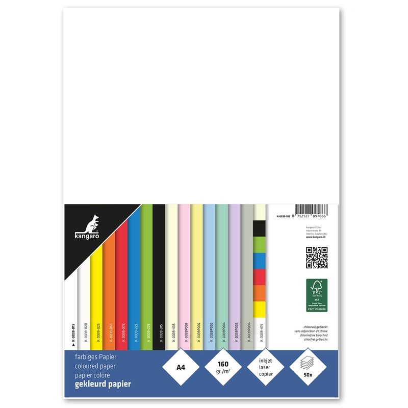 Kangaro - Coloured Paper White DIN A4 160 g/m² FSC Mix - Pack of 50 ...