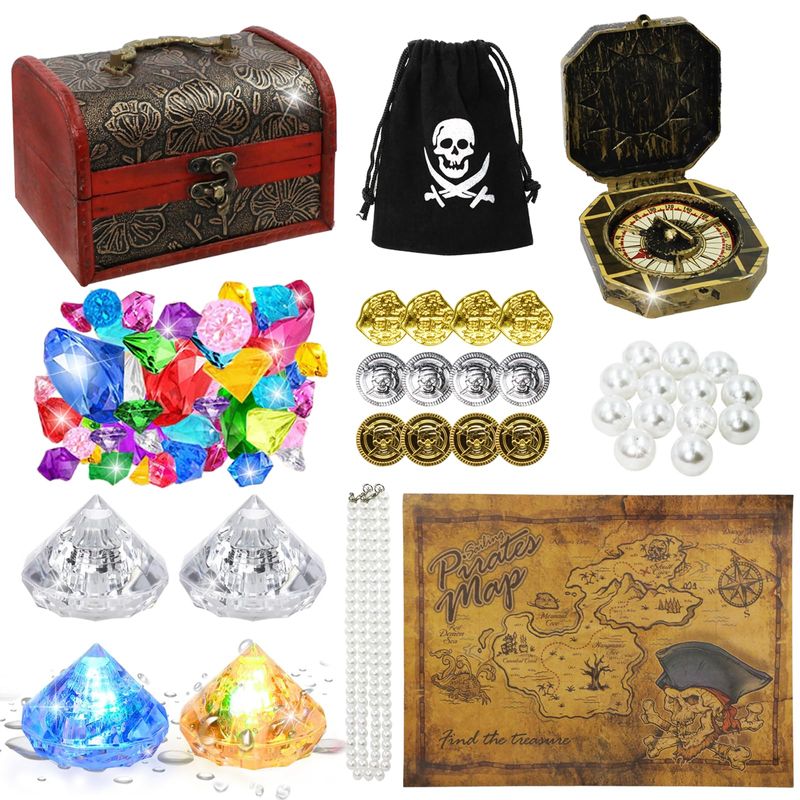 WGXX 85 Pieces Pirate Treasure Toys, Light-Up Diving Gem Colorful Pool ...