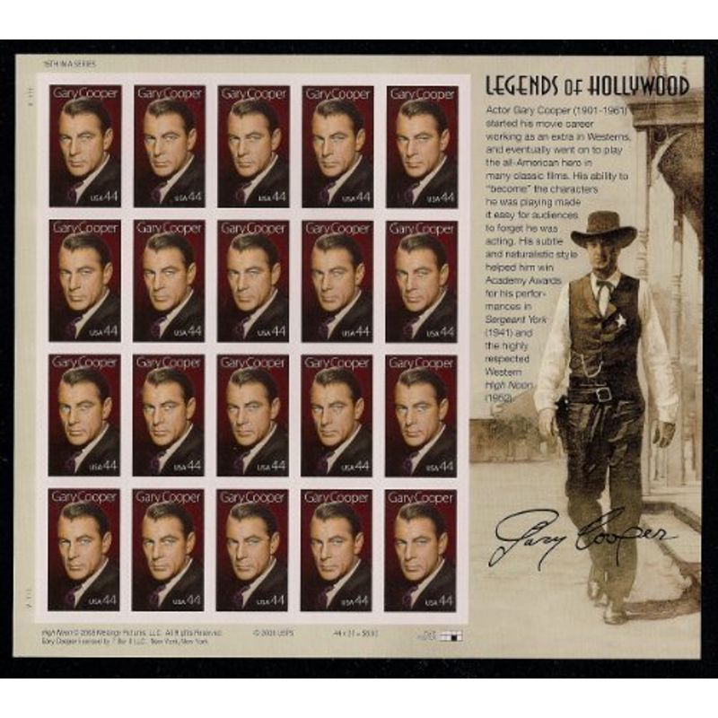 Gary Cooper: Legends of Hollywood, Full Sheet of 20 x 44-Cent Postage ...