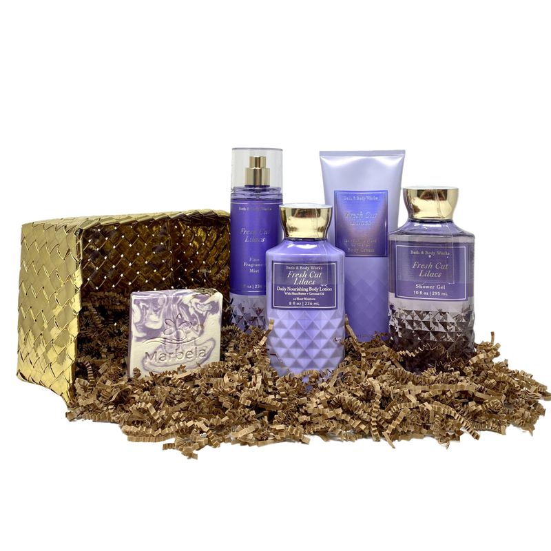 Bath & Body Works Fresh Cut Lilacs Deluxe Gold Woven Basket Gift Set ...