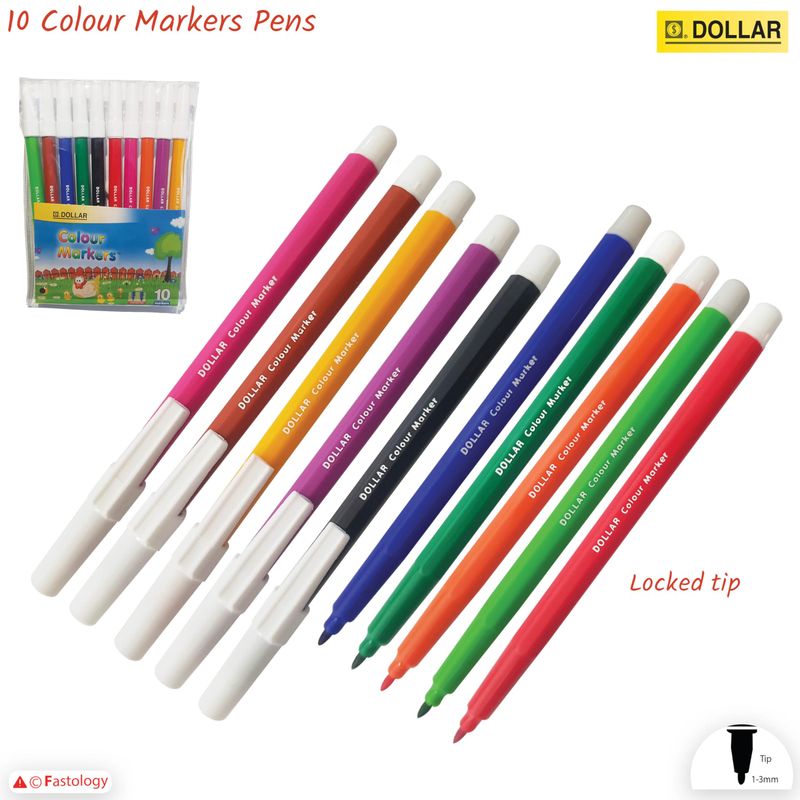 Felt Tip Pens, MULTICOLOUR, Fibre Fine Point, Pack of 10, Colouring ...