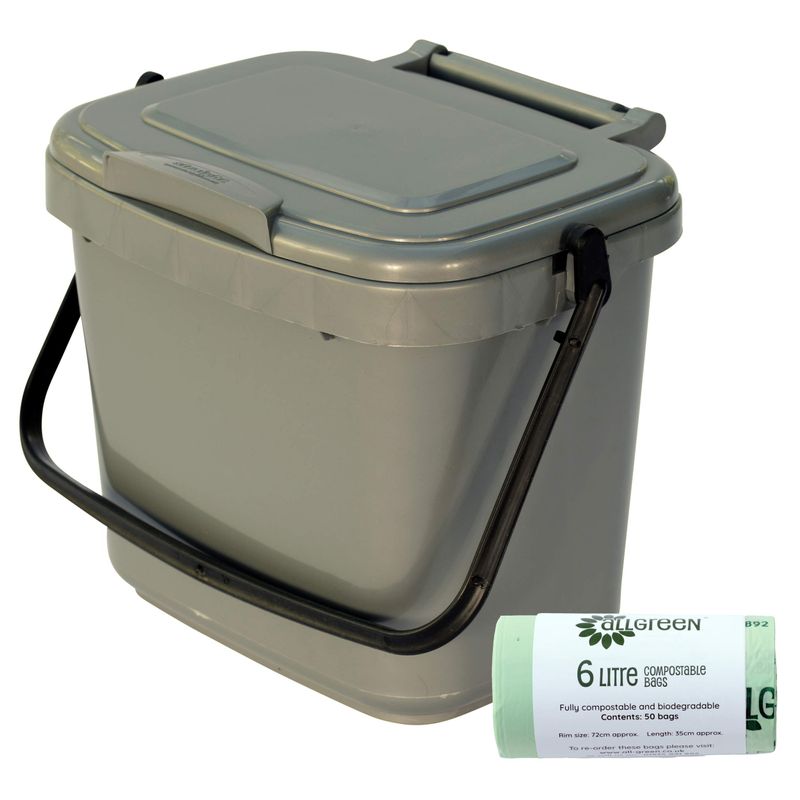 Silver Grey Kitchen Compost Caddy (5L - Small) & 50x 6L Compostable ...