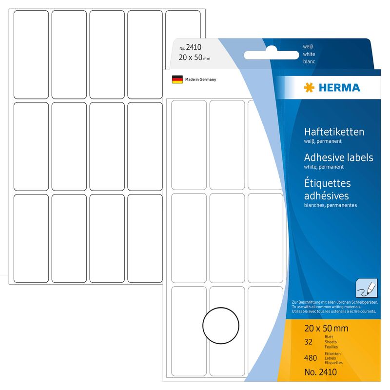 HERMA Multi Purpose Labels, 15 Labels per Sheet, 32 Sheets, 20 x 50 mm ...