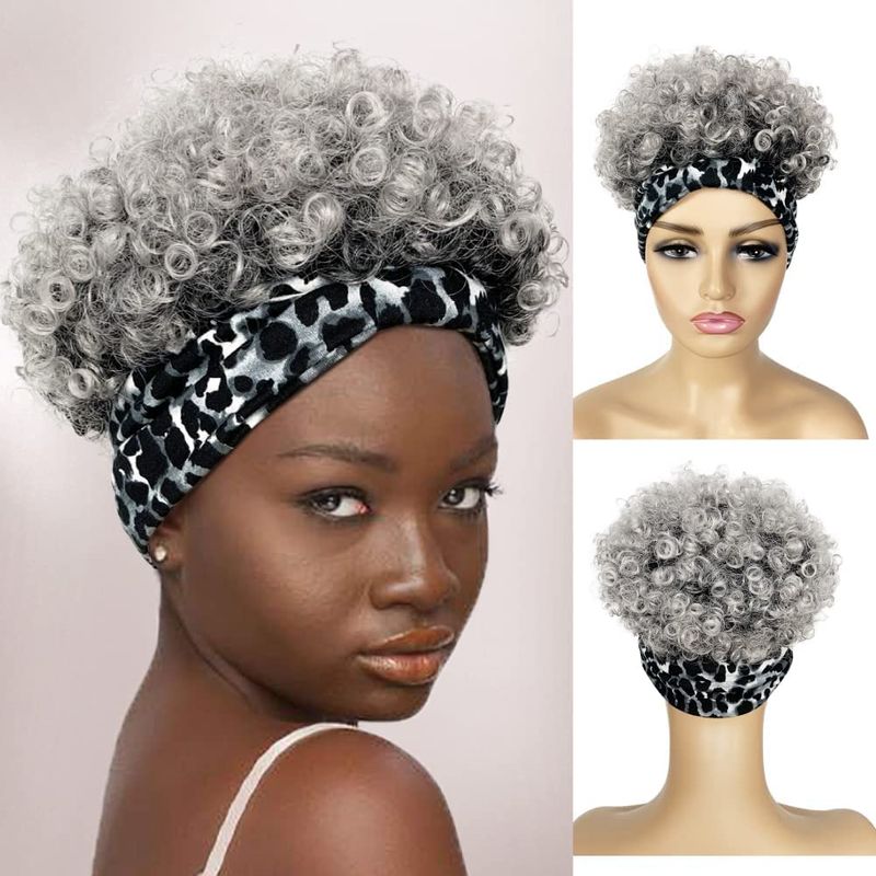 Short Afro Curly Wigs with Headbands Attached for Black Women Synthitic ...