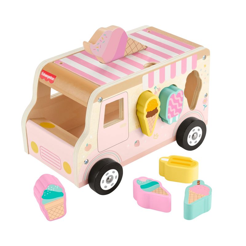 Fisher-Price Wood Toddler Toy Ice Cream Truck Shape Sorter Set, 9 ...