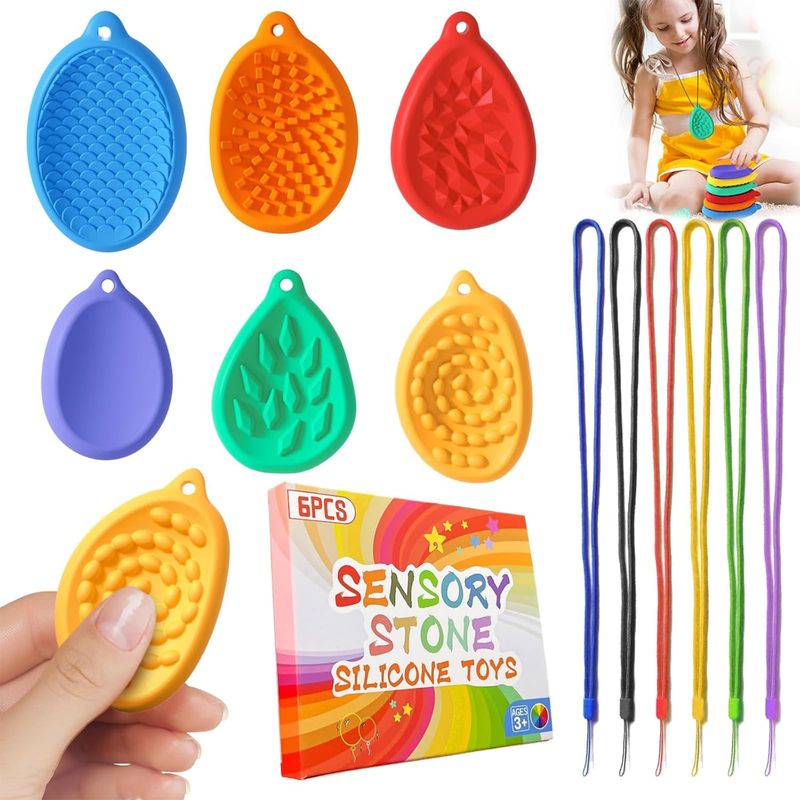 Fidget Toys Sensory Stone for Kids, 6-Piece Kids Stress Relief Toy Set - Silicone Textured Worry ...