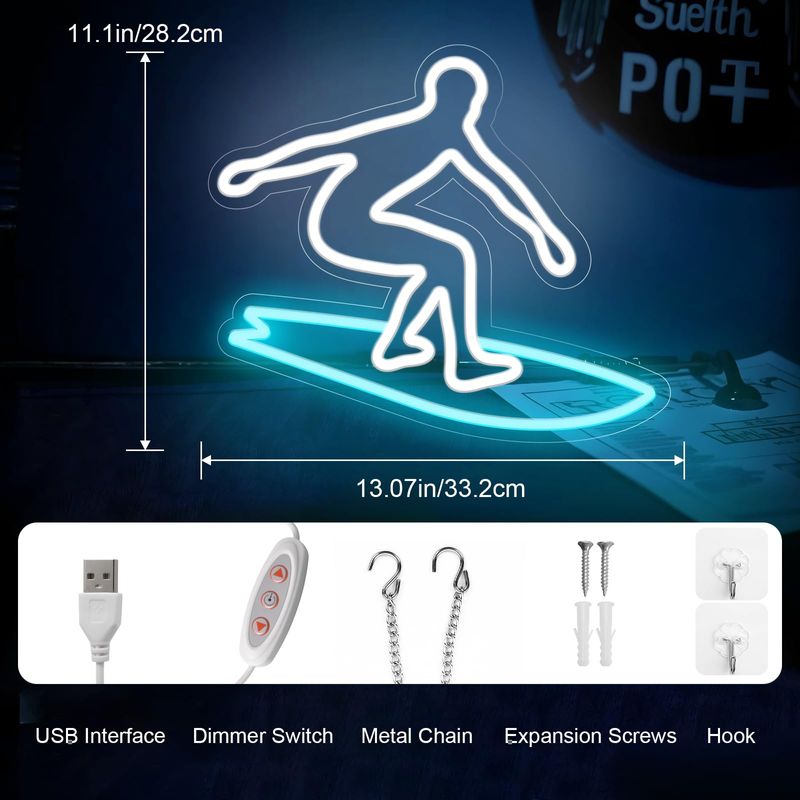 Surfboard Neon Sign for Wall Decor, Led Surfboard Decor Dimmable Surfer ...