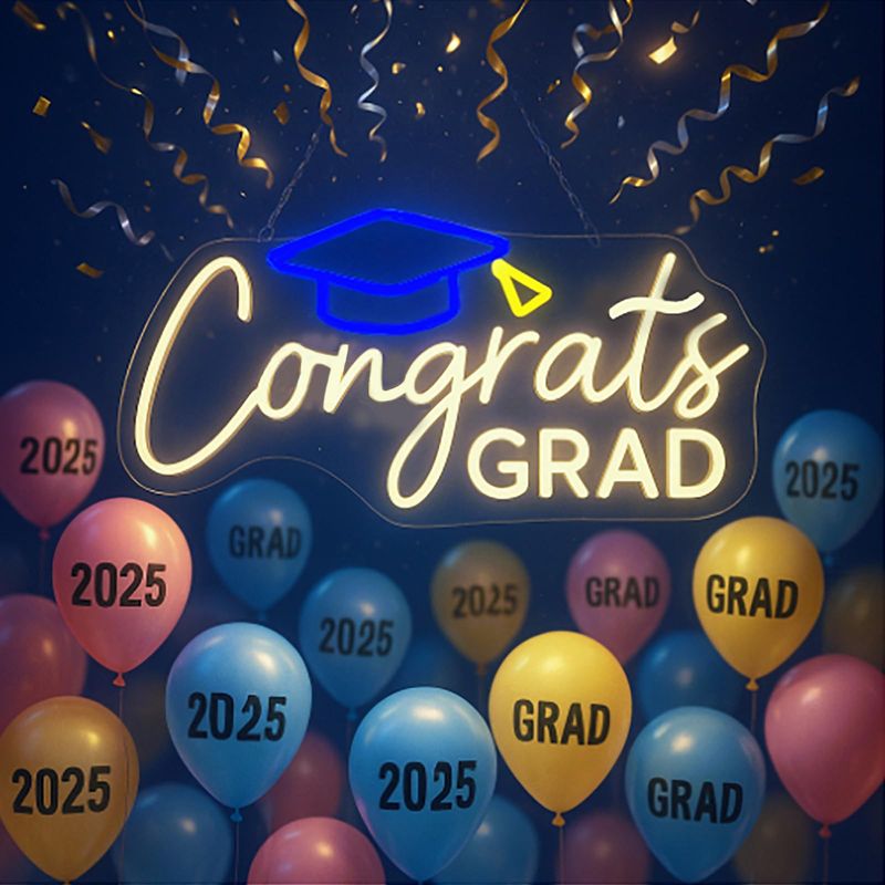 Congrats Grad Neon Sign with Graduation Cap, Warm White Grad Light Up ...