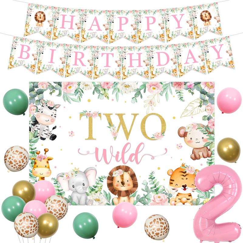 Jollyboom Two Wild Birthday Decorations Girl, Pink Safari Jungle Animal ...