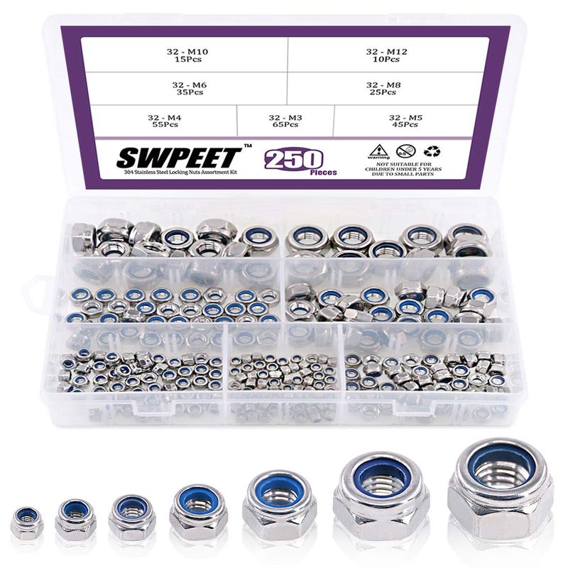 Swpeet 250Pcs 304 Stainless Steel Metric Lock Nut Assortment Kit ...