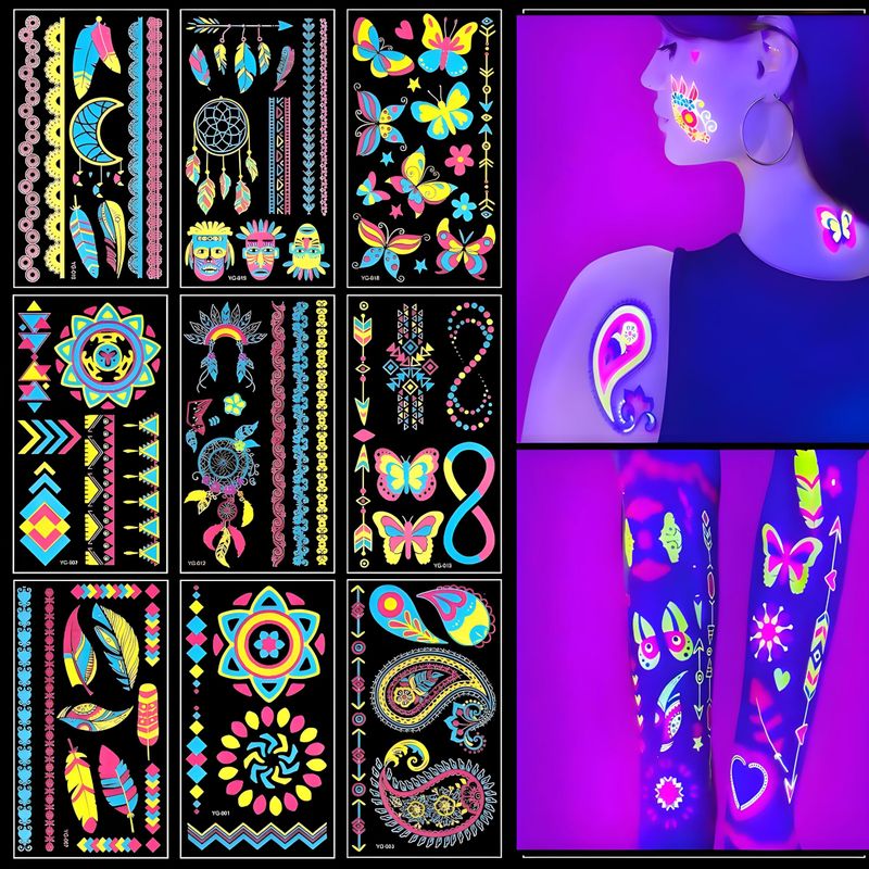 9PCS Neon Temporary Tattoos, 200+ Multiple Unique Designs Glow in the ...