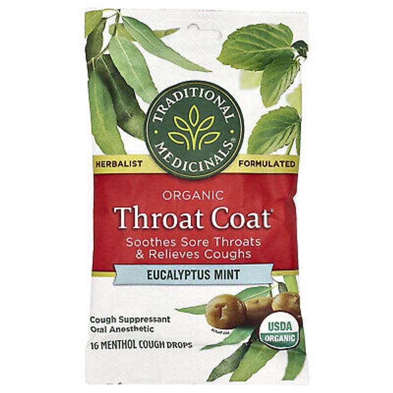 Organic Throat Coat Drops, Eucalyptus Mint, 16 Menthol Cough Drops ...