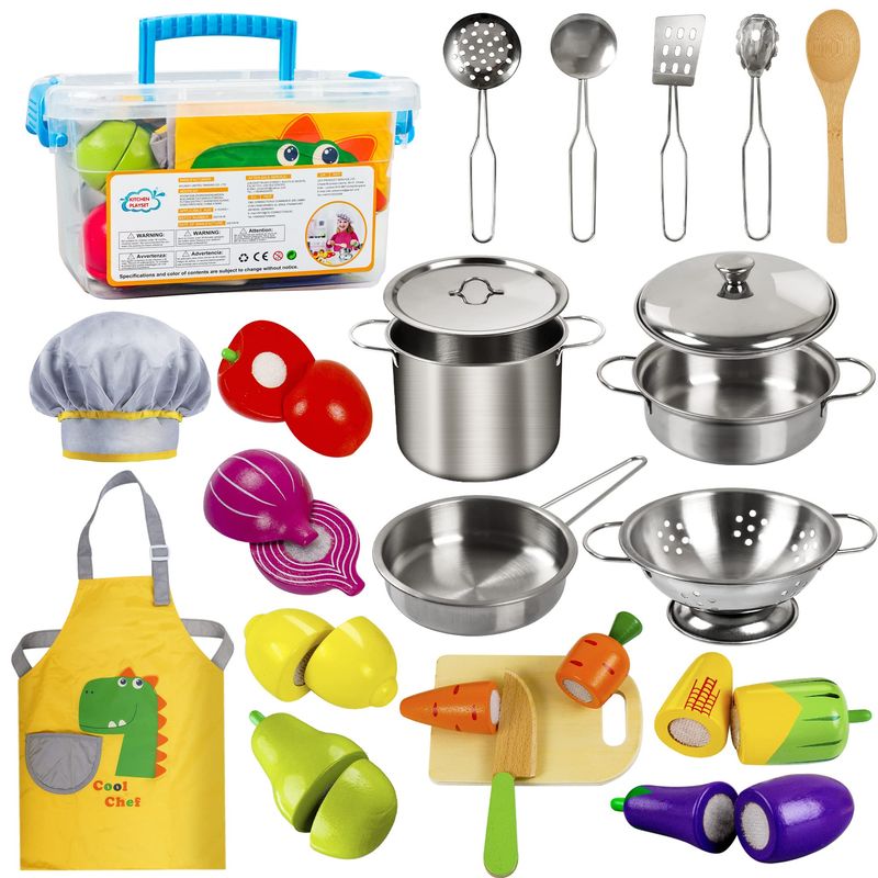 Sundaymot Play Kitchen Accessories, Wooden Play Food, Cooking Set with ...