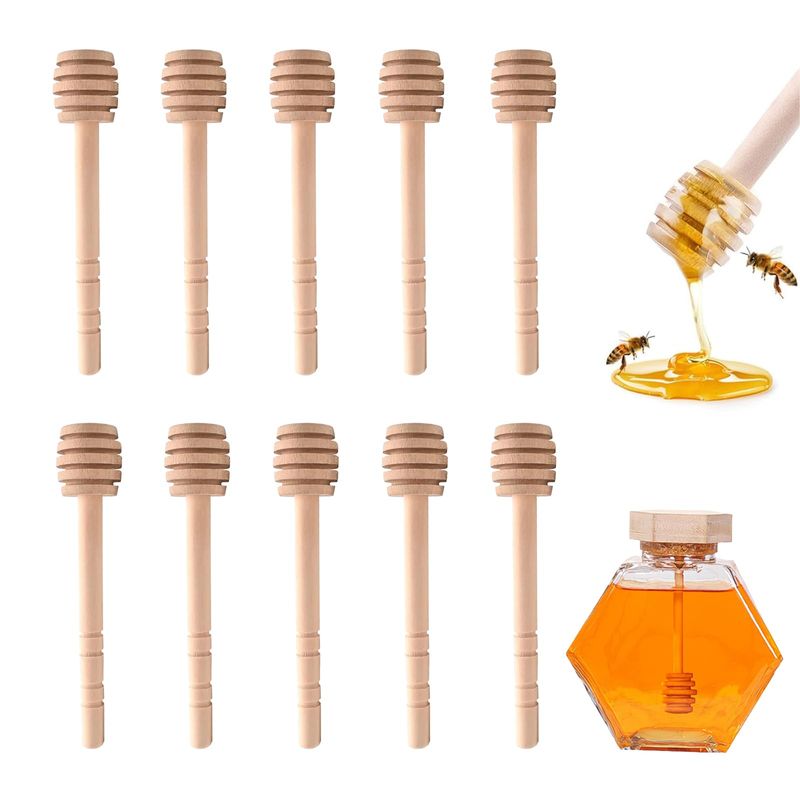 DHWEKU Pack of 10 wooden honey stirrers, mini honey spoon, honey slicer, honey spiral dispenser ...
