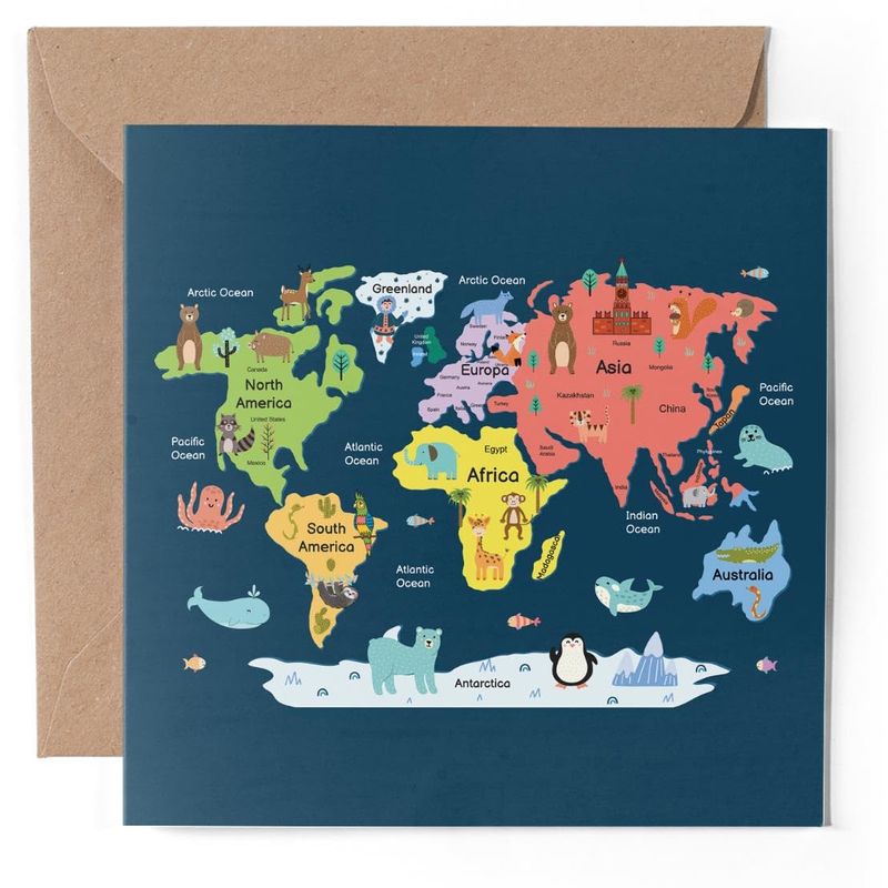 1 x Greeting Card - Kids World Map Globe Cute - Blank Birthday ...