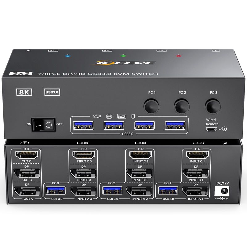 KVM Switch 3 PC 3 Monitors 8K @ 60Hz 4K @ 144Hz, MLEEDA HDMI + 2 ...