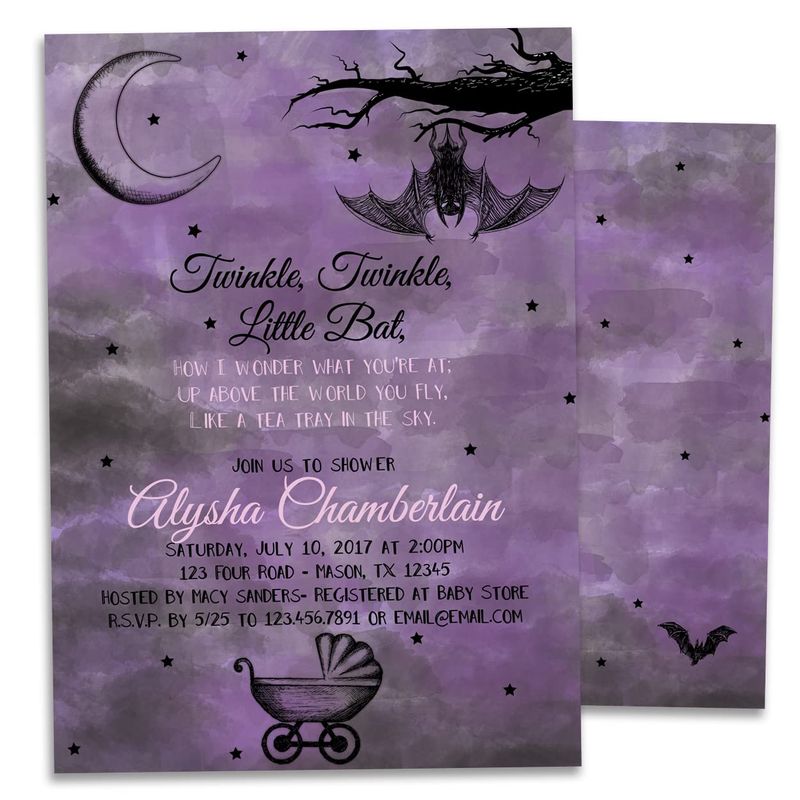 Twinkle Little Bat Baby Shower Invitations, Purple Black Goth Girl ...