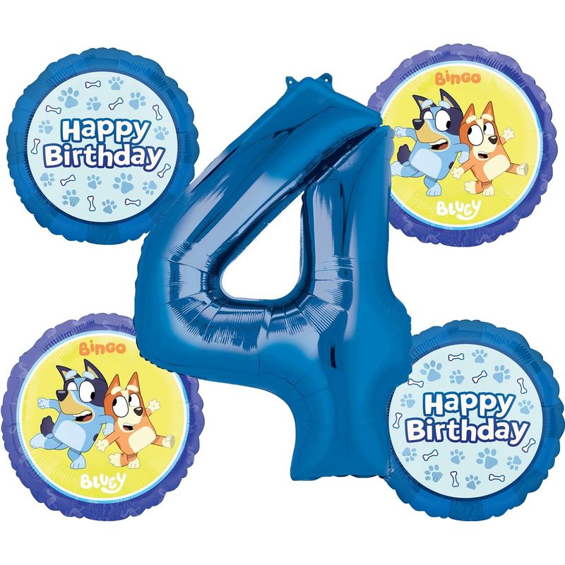 Anagram Bluey 4th Birthday Party Supplies 5pc Foil Balloon Bouquet ...