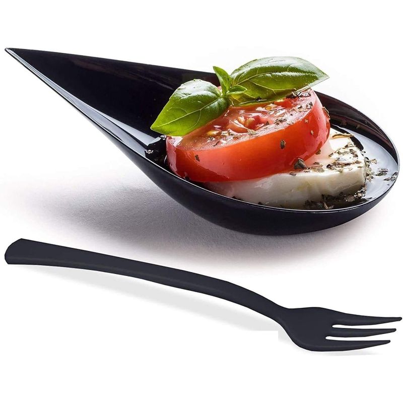 DLux 100 4-in Tear Drop Mini Appetizer Plates with Forks,Reusable Black ...