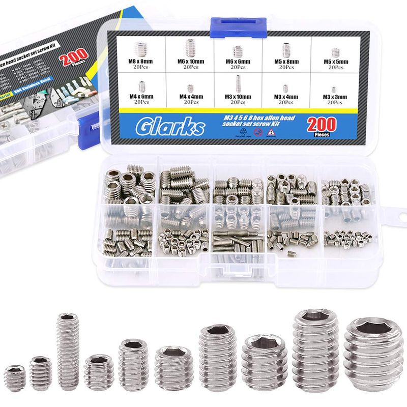 Glarks 200-Piece M3 4 5 6 8 Hex Allen Head Socket Set Screw Assortment ...