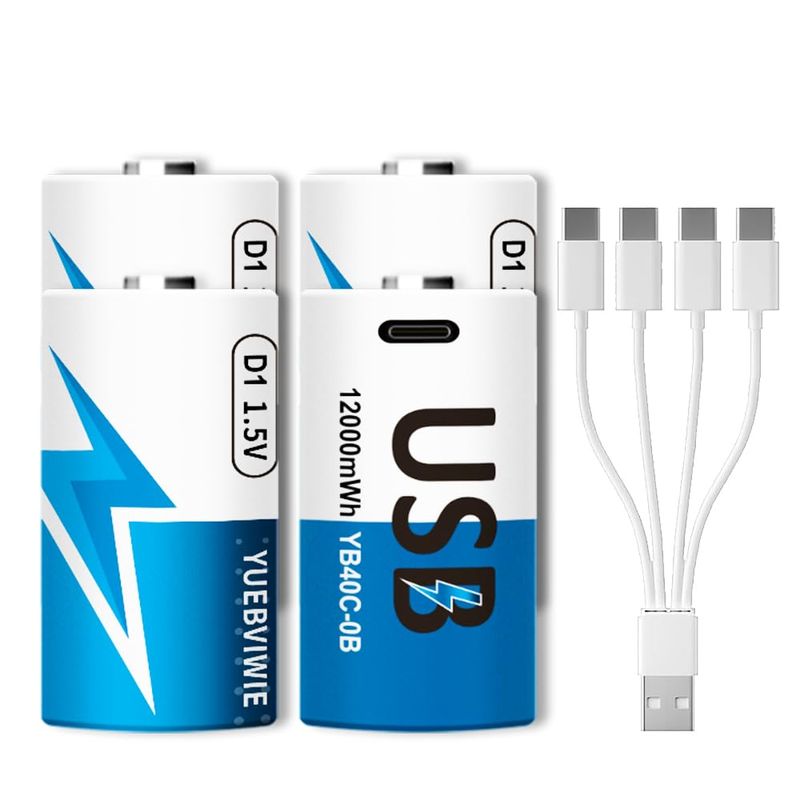 Rechargeable Lithium D Batteries with 4 in 1 USB-C Charge Cable, 4 Pack ...