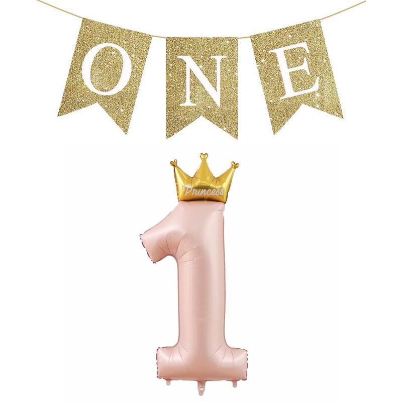 40-Inch Pink Princess Number 1 Balloons & Gold One Birthday Banner, 1st ...