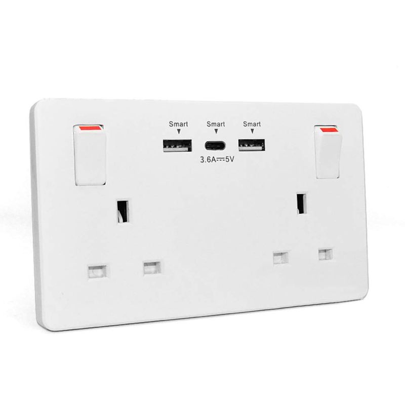 Wall Socket Double Switched with 2USB and 1 Type C Fast Charging,13 Amp 2 Gang White Electric ...