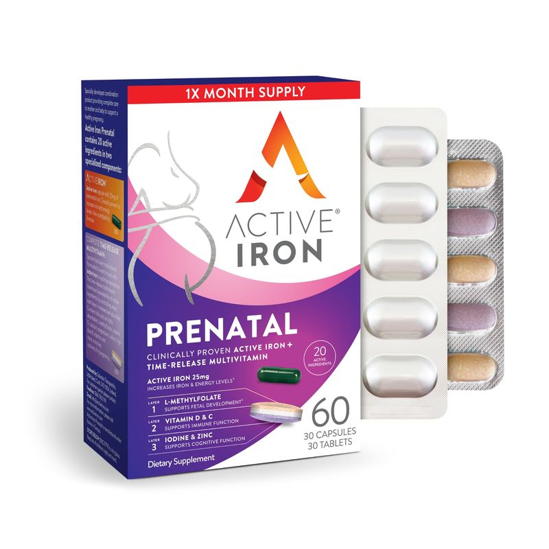 Active Iron Prenatal, Iron Supplement + Prenatal Vitamins for Women, 30 ...