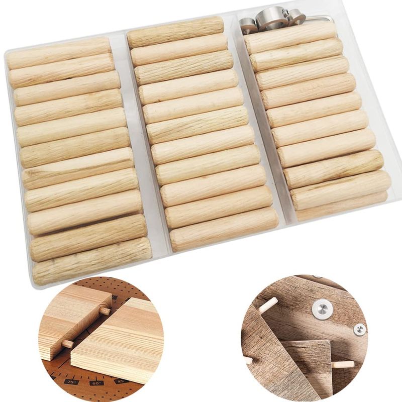Wooden Dowel, CESFONJER 10 mm Dowel Kit, 63 pcs Wooden Dowel Pins, 2 pcs Dowel Pin Center and 1 ...