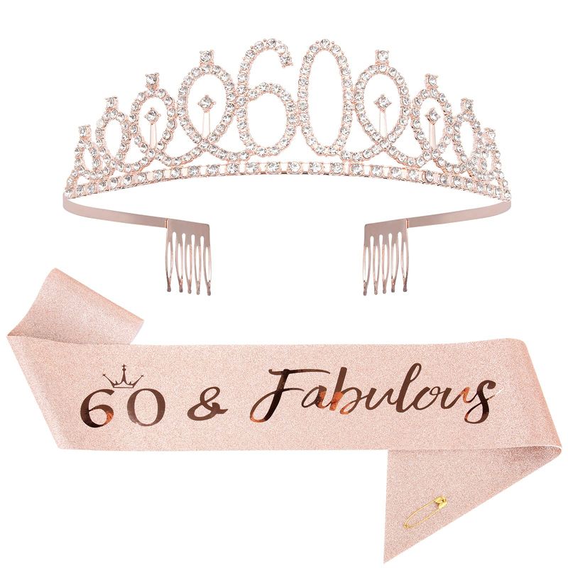 Mikccer Rose Gold 60th Birthday Sash and 60 Birthday Tiara, Rhinestone Crown Headband for 60th ...