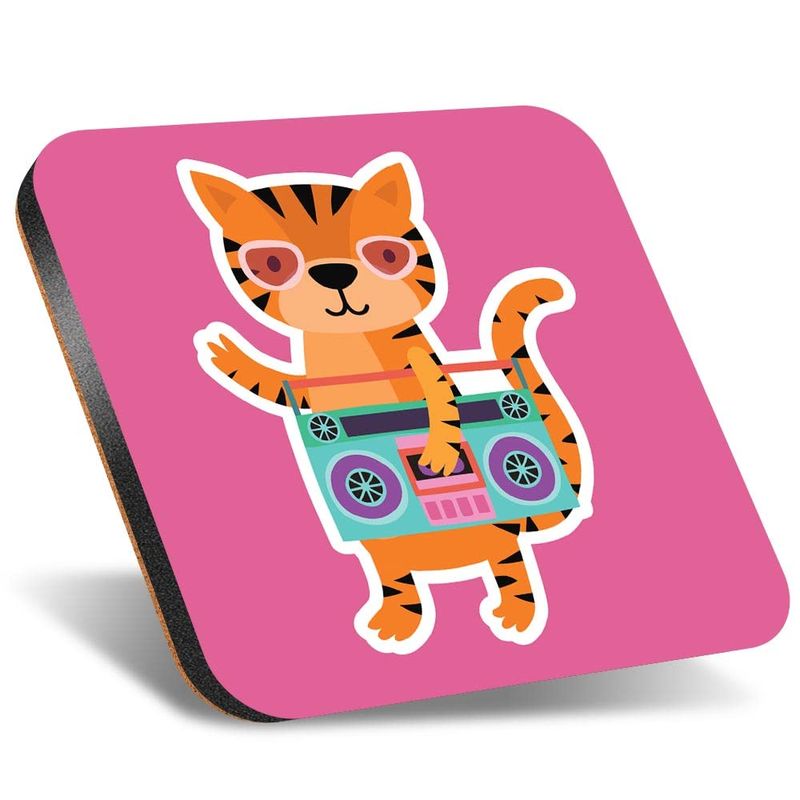 1 x Square Jumbo Size Coaster 12cm Kitten Tape Recorder Pink Background ...