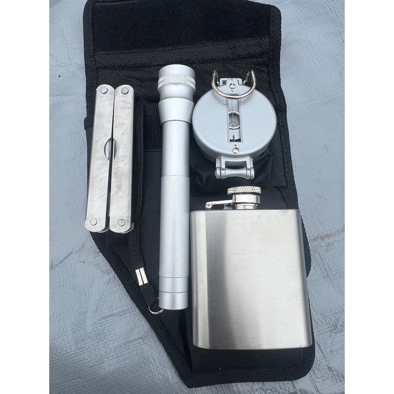 Survival Kit Gear Multi Tool Flashlight Compass Flask Sheath Camping ...