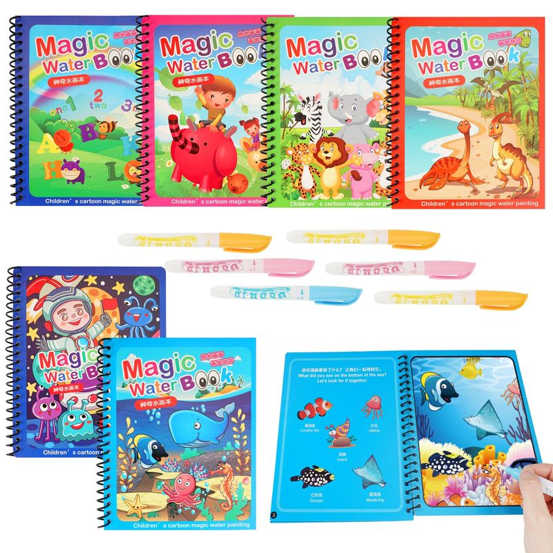 Pack of 6 Water Pens Colouring Book, Magic Water Drawing Book, Reusable ...