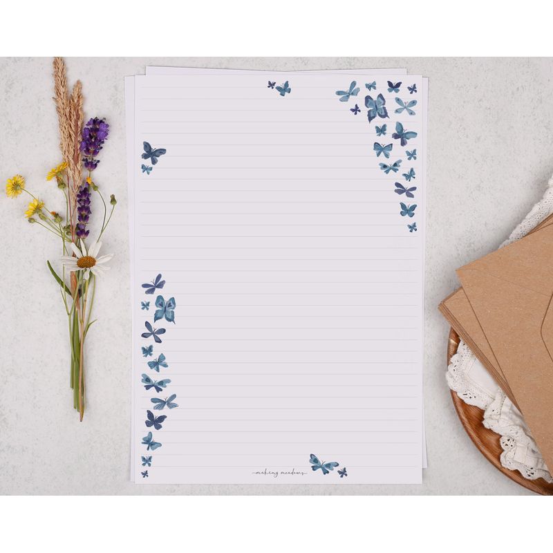 Making Meadows A4 Pretty Writing Paper Set Blue Butterfly Design (20 ...