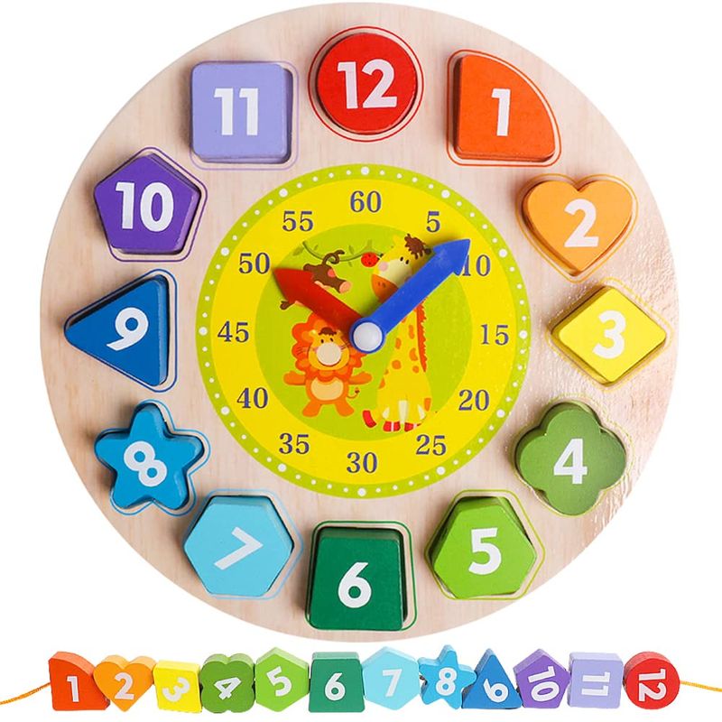 Skrtuan Wooden Shape Color Sorting Clock- Teaching Time Number Blocks ...