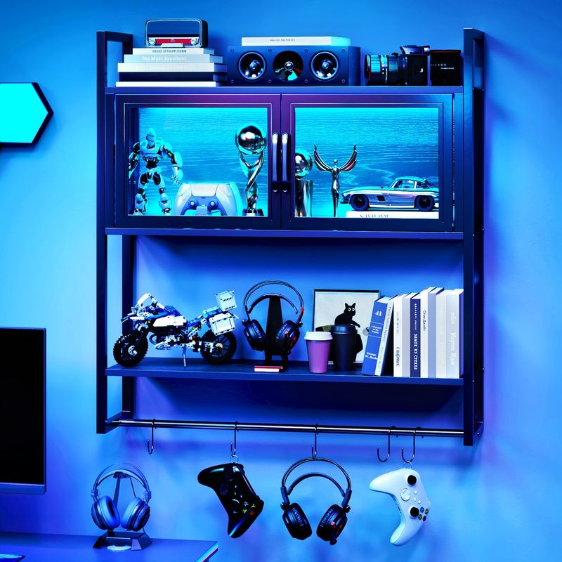 Gaming Floating Shelves Wooden Decor Display With LED Wall Mounted Rack ...