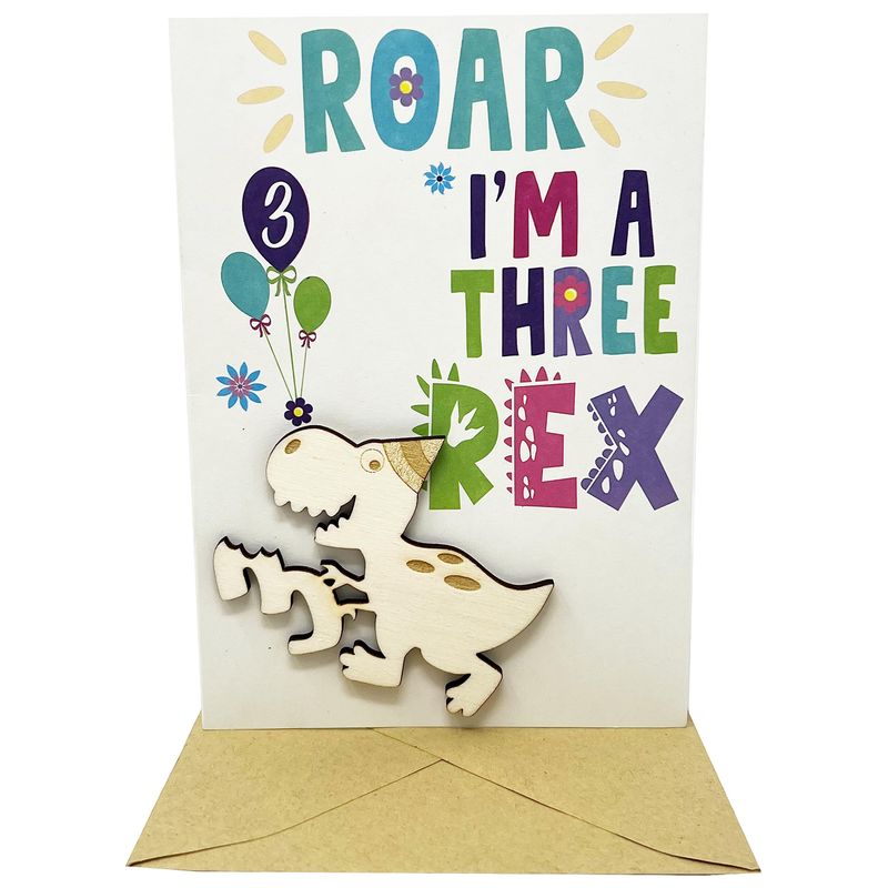 3-Rex Birthday Card for 3 Year Olds with a wooden T (three) Rex on the ...