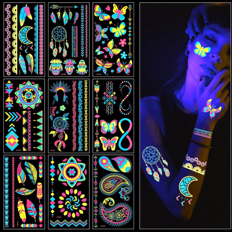 ACWOO Neon Temporary Tattoos, 9PCS 200+ Multiple Designs Glow in the ...