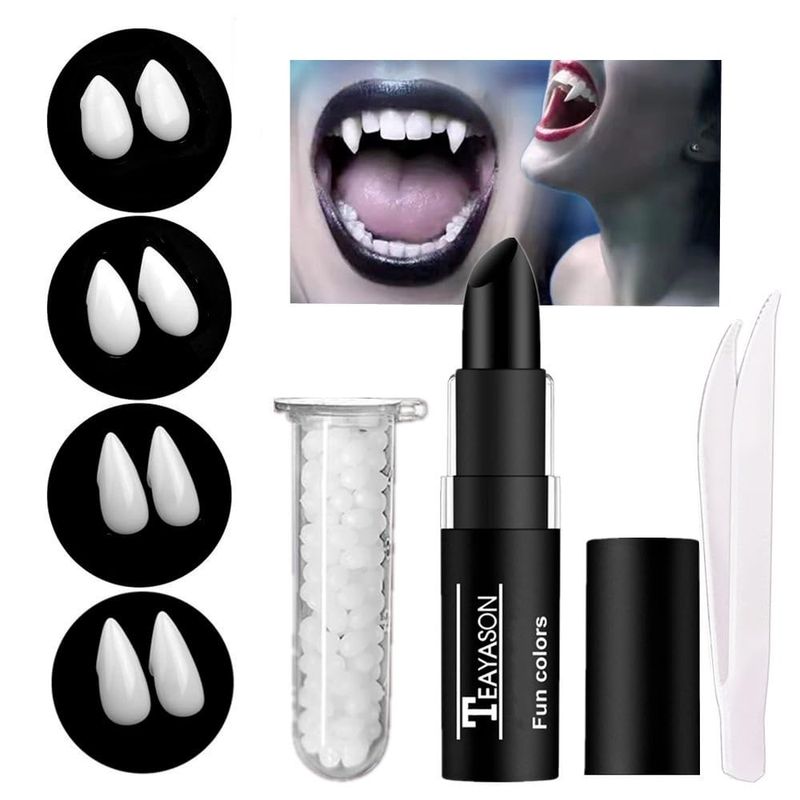 Go Ho Halloween Vampire Fangs Fake Teeth Makeup and Black Lipstick Kit ...