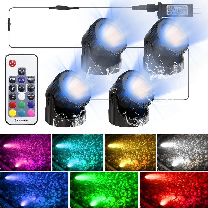 RGB Underwater Pond Lights, 20 Colors Dimmable Submersible Led Fountain ...