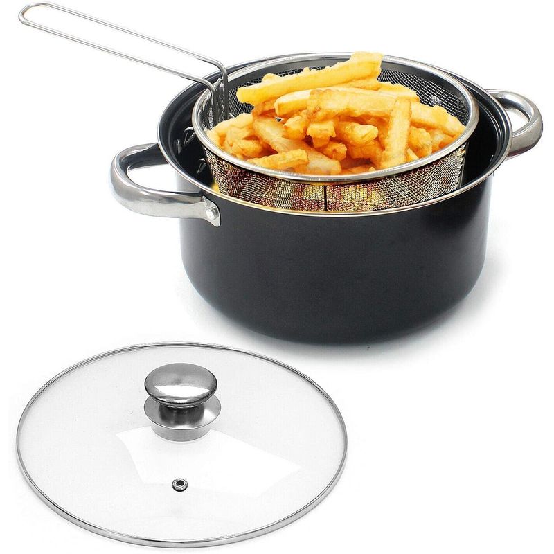 TRTO Black Chip Pan 4-in-1 Stove Deep Fat Fry Fryer Stew Frying Basket ...