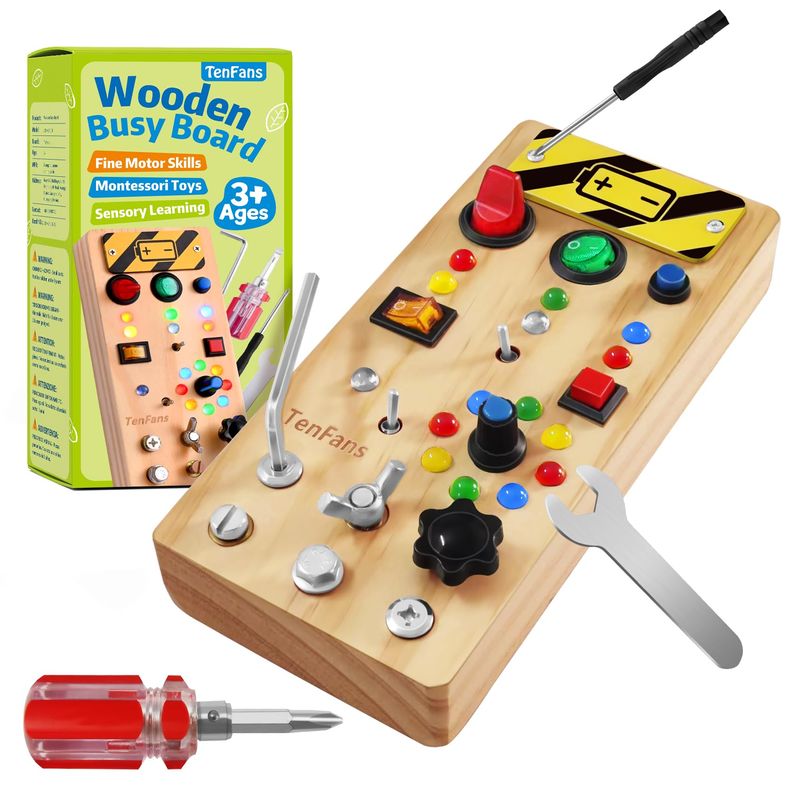 TenFans Wooden Montessori Busy Board with LED Light Switch and ...