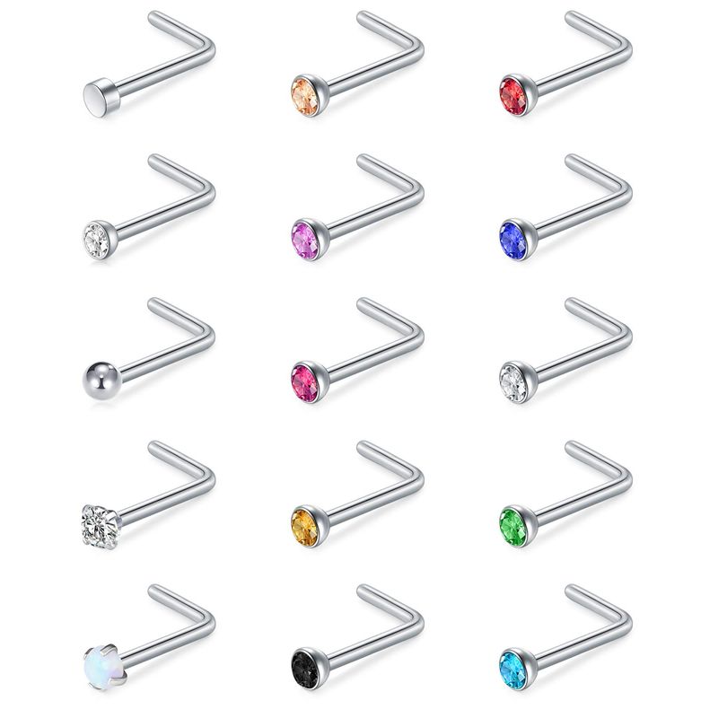 Mayhoop 15Pcs 20G Nose Studs L Shaped Silver Surgical Steel Nose Rings ...
