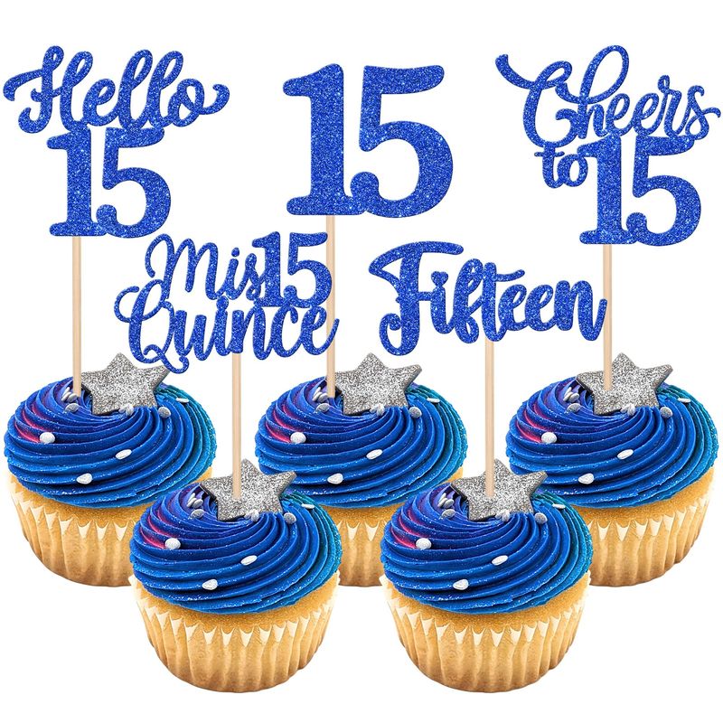 Xsstarmi 30 Pack Happy 15th Birthday Cupcake Toppers Blue Glitter Hello ...