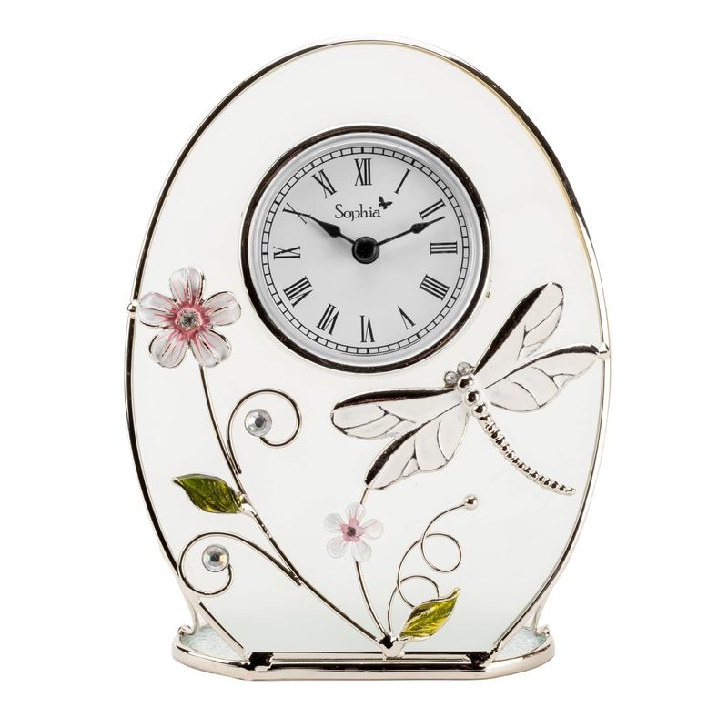 Widdop Glass Floral Mantel Table Clock w/Dragonfly Handpainted 16cm ...