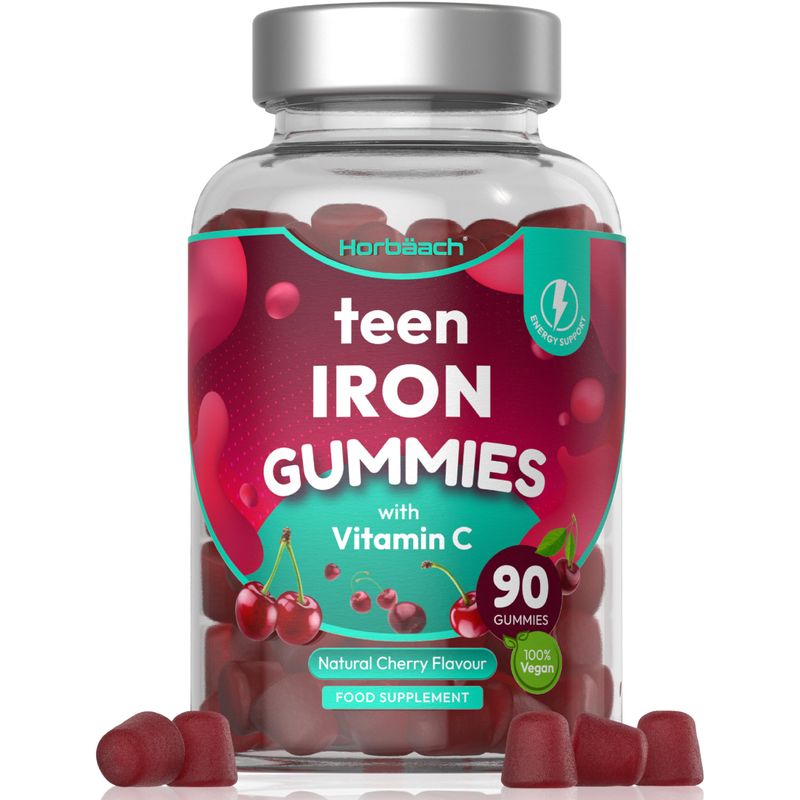 Iron Gummies for Teens | 90 Count | with Vitamin C | Cherry Flavour | Vegetarian and Vegan ...